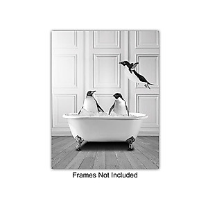 Cute Bathroom Wall Art & Decor - Funny Bathroom Decor for Women, Kids - Cow Elephant Bear Giraffe Penguin Wall Art Set - Bathroom Pictures - Bath Wall Decor - Bathroom Accessories - Powder room Sign