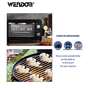 WENDOM 12pcs Oyster Plate Set Grillable Oyster Shells BBQ Oyster Grilling Pan Stainless Steel Reusable with 2pcs Oyster Shucking Knife and Food Tongs