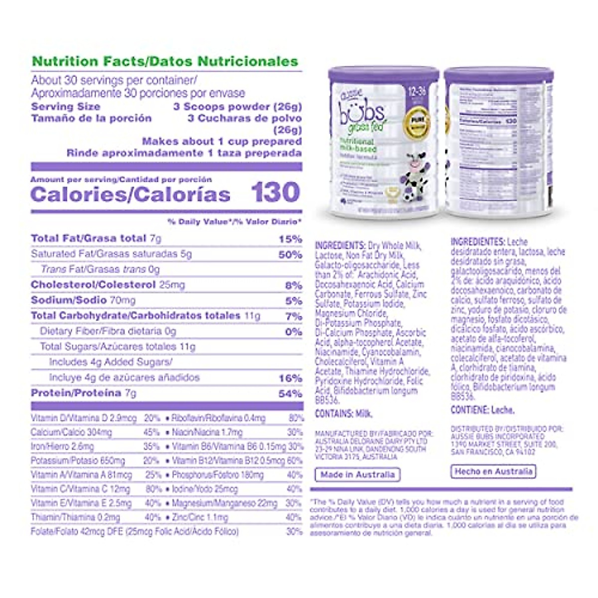 Aussie Bubs Grass Fed Nutritional Milk-Based Toddler Formula, For Kids 12-36 months, Made with Non-GMO Organic Milk, 28.2 oz