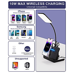 Sailstar Desk Lamp with Wireless Charger USB Charging Port, LED Desk Lamps for Home Office, 800LM 3 Lighting Modes Dimmable Pen Holder 360°Gooseneck, Eye-Caring Desk Light for College Dorm Room, Black