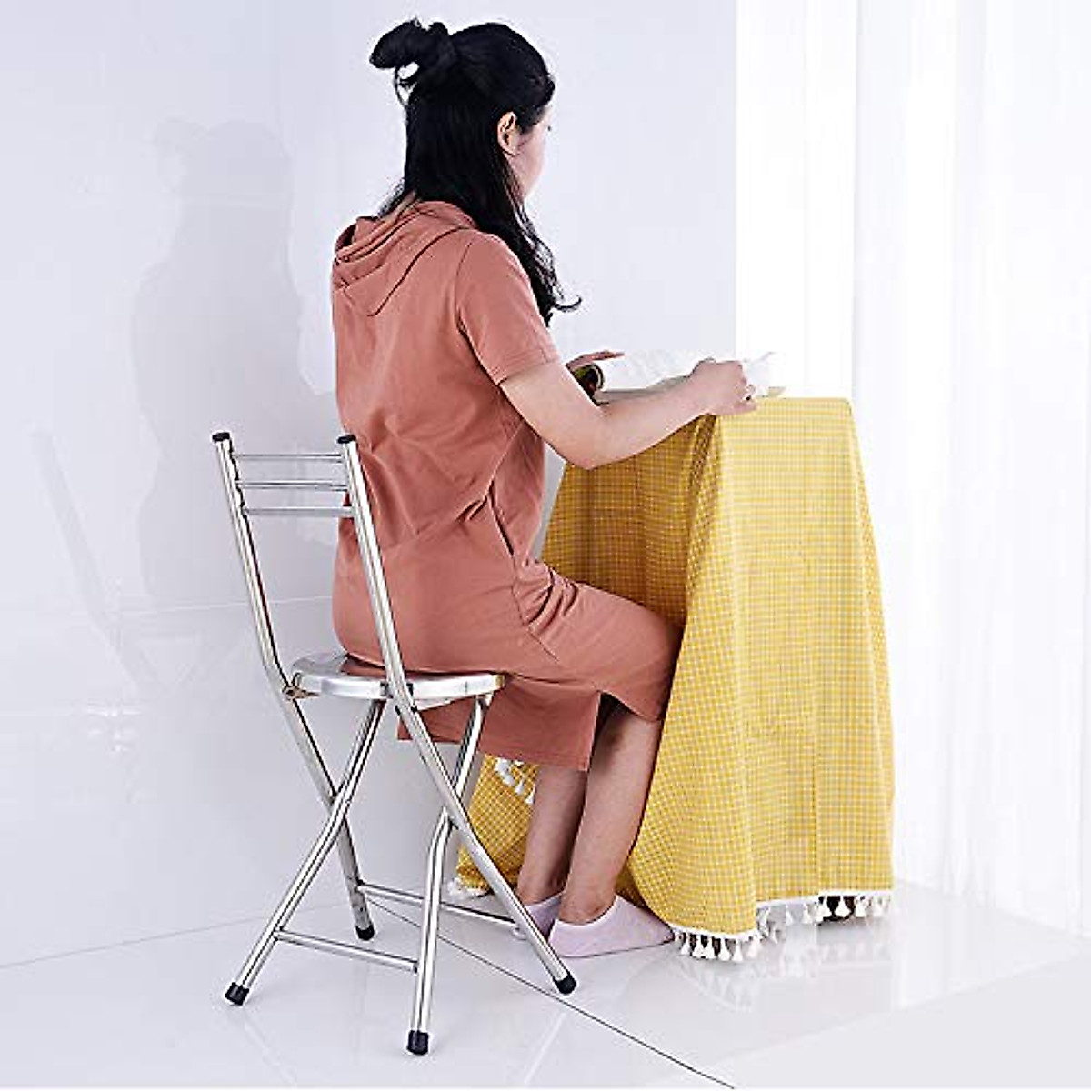 Thick Stainless Steel Round Stool Folding Home Dining Chair backrest Stool Small Bench Portable Outdoor Picnic Chair high 76cm