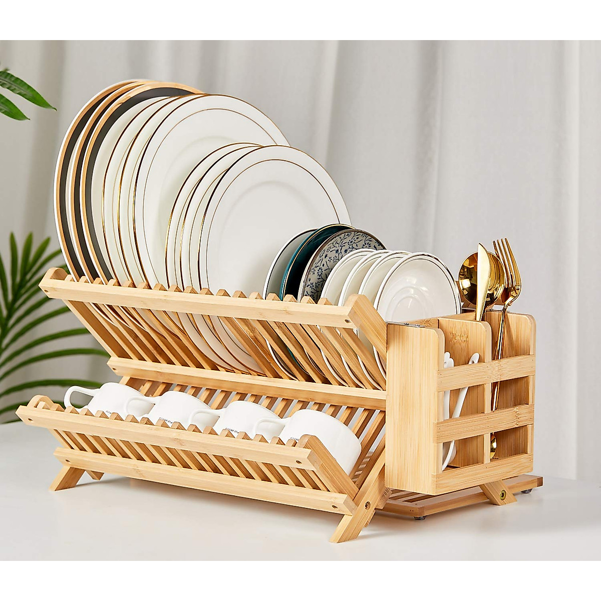 NOVAYEAH Bamboo Dish Drying Rack with Utensil Holder, Collapsible Wooden Dish Drainer Rack, 3-Tier Large Folding Drying Holder for Kitchen Counter