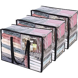 Vieshful 3 Pack Clear Clothes Storage Bag, 40L Zippered Closet Organizer, Plastic Storage Containers Moving bags for Comforter, Blanket, Bedding, Duvet, Toys