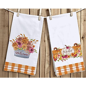 Buffalo Plaid Fall Pumpkin Autumn Flowers Kitchen Dish Towel 18 x 28 Inch Set of 2, Harvest Thanksgiving Holiday Tea Towels Dish Cloth for Cooking Baking