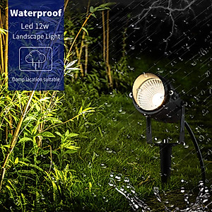 WIFZIG Outdoor Landscape Lighting 12W Waterproof Graden Lights COB Led Spotlights with Spiked Stand 120V for Lawn Decorative Lamp US 3- Plug 3000K Warm White (4Pack, 3000K)