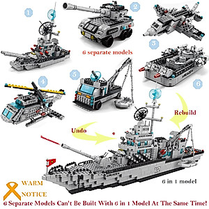 Ulanlan Navy Destroyer Building Block Set, Warship Building kit 6 in 1 Military Battleship Building Set Toy Gift for Boys Aged 8 +, Adult Gift 1560 Pieces