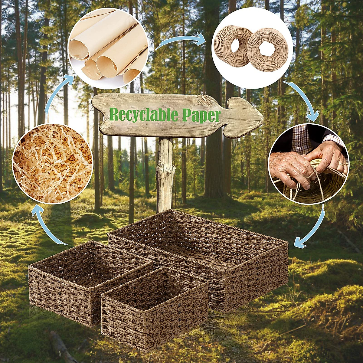 FairyHaus Handmade Wicker Storage Basket 3Pack, Recyclable & Renewable Paper Rope Small Wicker Baskets for Storage, Brown Woven Baskets Set for Organizing Rectangle