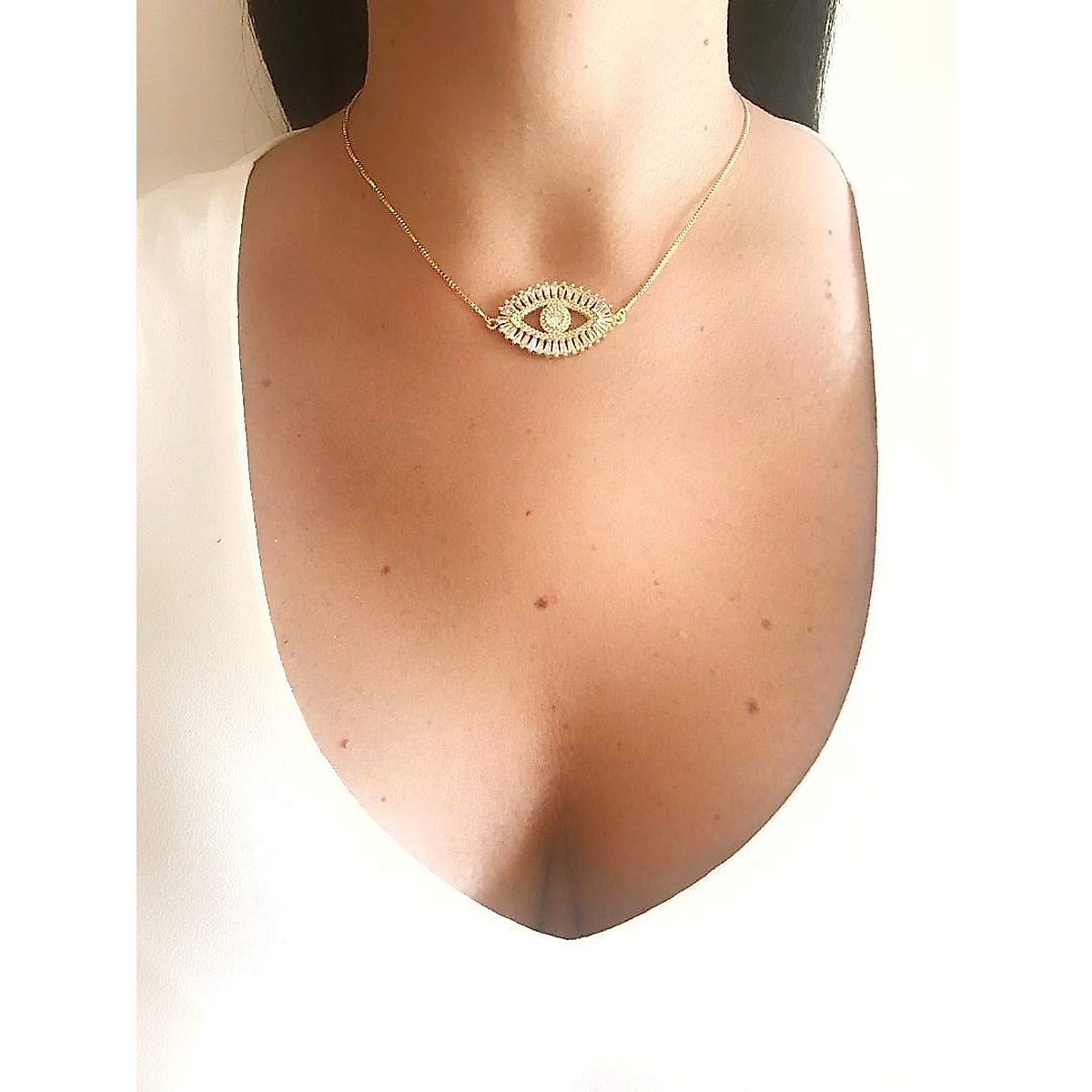 LESLIE BOULES Gold Evil Eye Necklace 18K Gold Plated Sliding Adjustable Chain Choker Jewelry