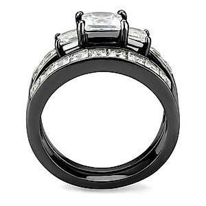 Lanyjewelry 3 Stone Type 6mm Princess CZ Black IP Stainless Steel Wedding Ring Set -Size 7