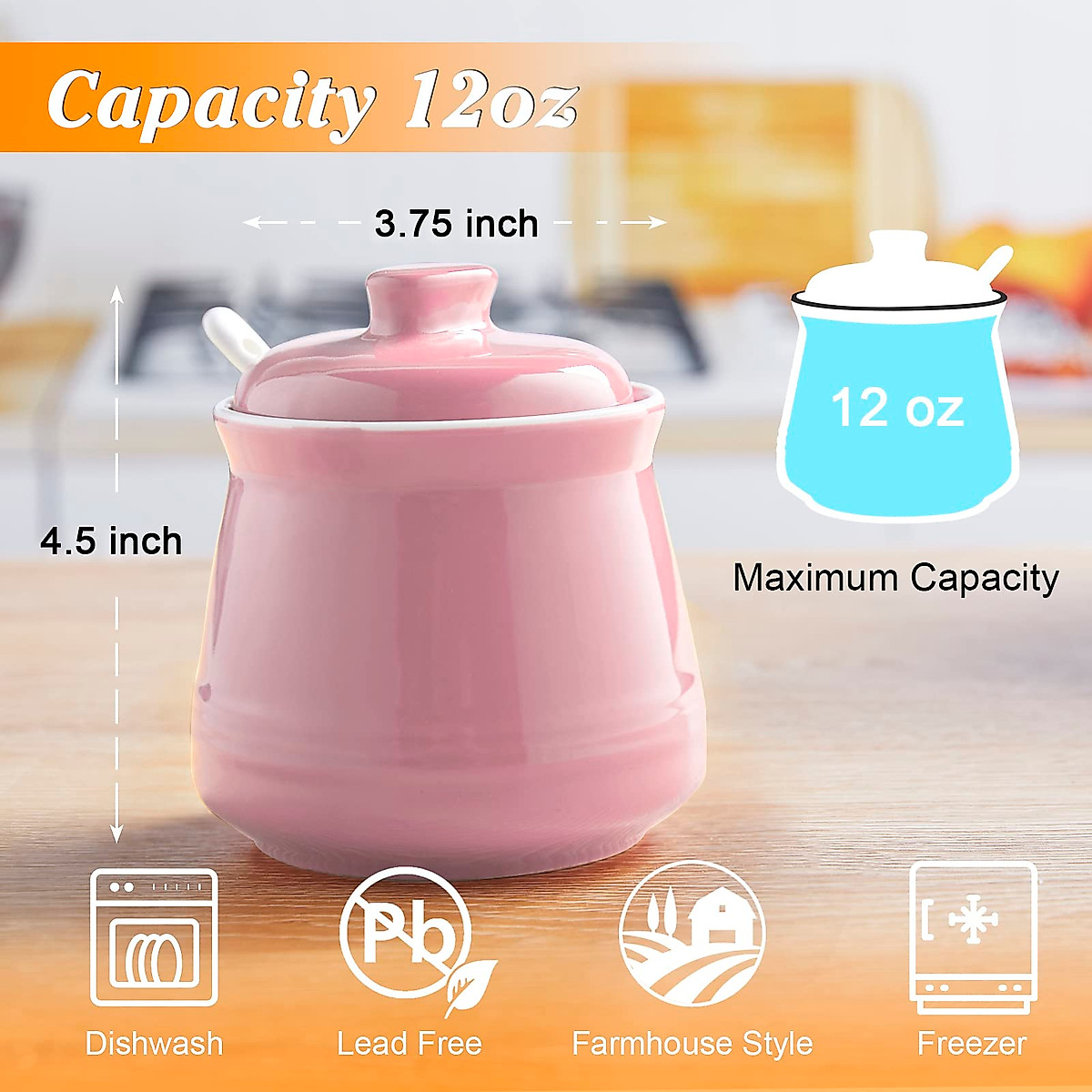 DAYYET Sugar Bowl with Lid and Spoon - 12 oz Ceramic Sugar Bowl with Spoon - Sugar Container for Coffee Bar - Sugar Jar Sugar Dispenser Bowl - Pink Kitchen Decor and Accessories