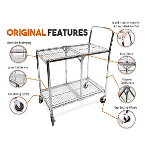 Stand Steady Original Tubstr Collapsible 2 Shelf Wire Cart, Easy to Push Heavy Duty Rolling Utility Cart, Holds 200 Pounds & Folds Up for Storage, Commercial Grade (Chrome, 33.75in x 19.5in x 39.5in)