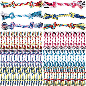 RoundFunny 100 Pieces Knot Rope Dog Toys Multi Color Puppy Knot Chew Toy Cotton Puppy Toys Dental Dog Teething Toys 2 Knot Dog Tug for Small and Medium Dogs Aggressive Chewers Supplies