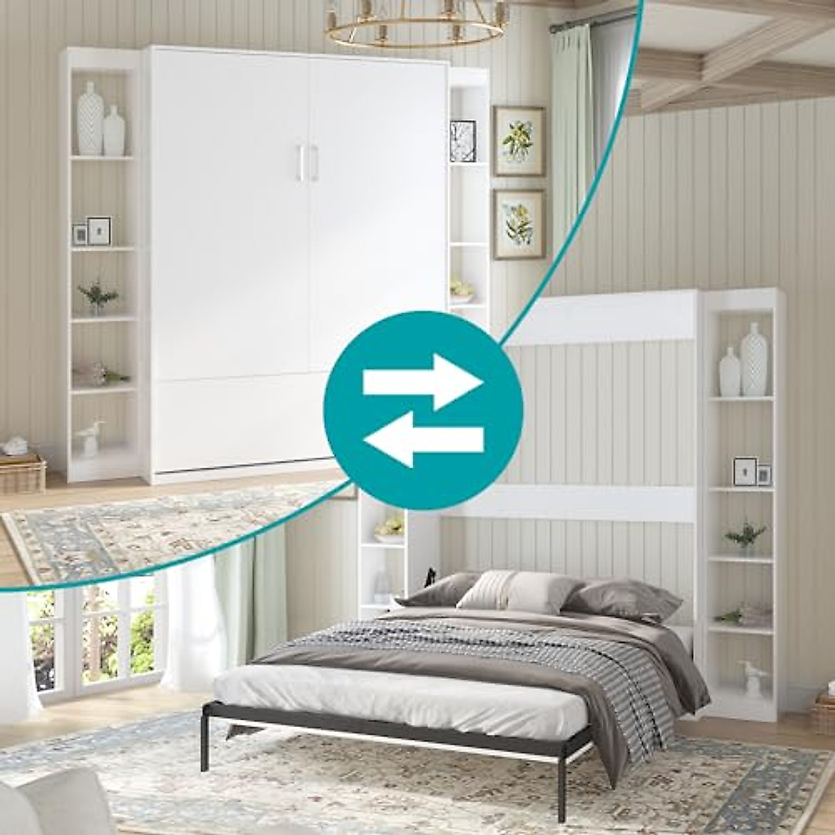 BALUS 97" W Murphy Bed with 2 Storage Cabinets, Queen Size Murphy Cube Cabinet Bed, Solid Wood Fold up Horizontal Murphy Wall Bed, Folding Bed Frame for Guest Room Bedroom Apartment - White