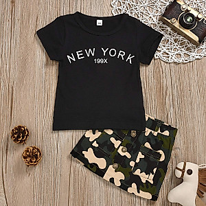 BOEBNOZCV Toddler Baby Girls Camouflage Outfit Black Letter Tops Shirt + Denim Skirt Dress Shorts Summer Two Piece Clothes Set (Camouflage Denim, 6-7 Years)