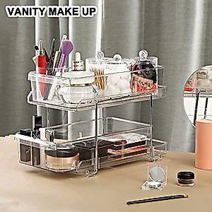 shopwithgreen 2 Tier Clear Organizers and Storage with Dividers, Pull Out Under Sink Organizer, Multi-Purpose Drawer Basket, Kitchen Bathroom Countertop Vanity, Medicine Cabinet Office Storage Bins