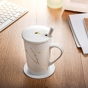 Fullcci -15oz Taurus Birthday Gift Ceramic Creative Constellation Zodiac Coffee Mug Set Capacity Upgrade Tea Cup for Cocoa Water Milk Juice (Taurus-White Gold)