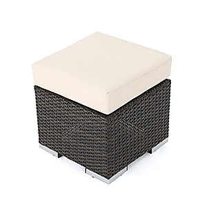 GDFStudio Outdoor 16 Inch Multibrown Wicker Ottoman Seat with Beige Water Resistant Cushion