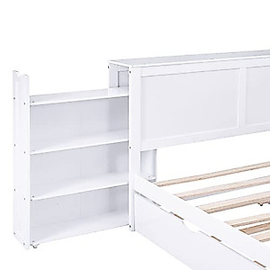 DRELOFT Storage Platform Bed Frame Queen with Pull Out Shelves and Twin XL Size Trundle, Wooden Platform Bed with Storage Headboard for Bedroom, No Box Spring Needed, Easy Assembly, White