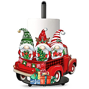 Christmas Paper Towel Holder, Gnome Red Truck Christmas Decorations Indoor Metal Paper Towel Holders for Kitchen Countertop Bathroom Home, Christmas Decor Gnome Gifts for Women Men 6.7x6.7x13.4 inch