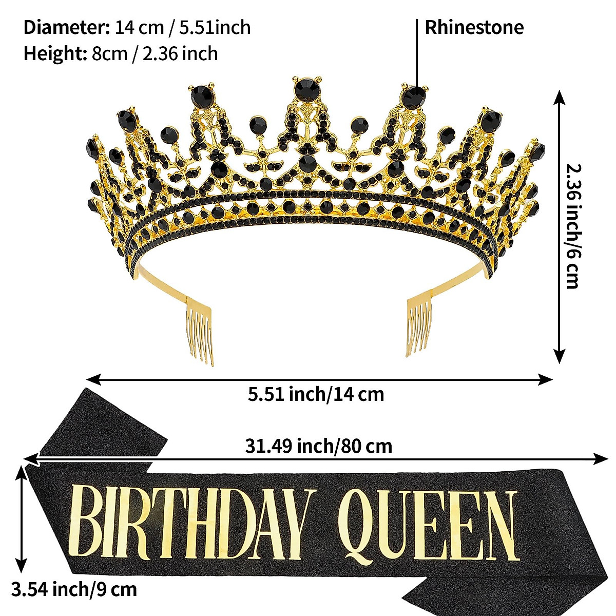 GAFATORY Black Gold Birthday Queen Crown and Sash for Women Princess Tiara and Sash for Girls