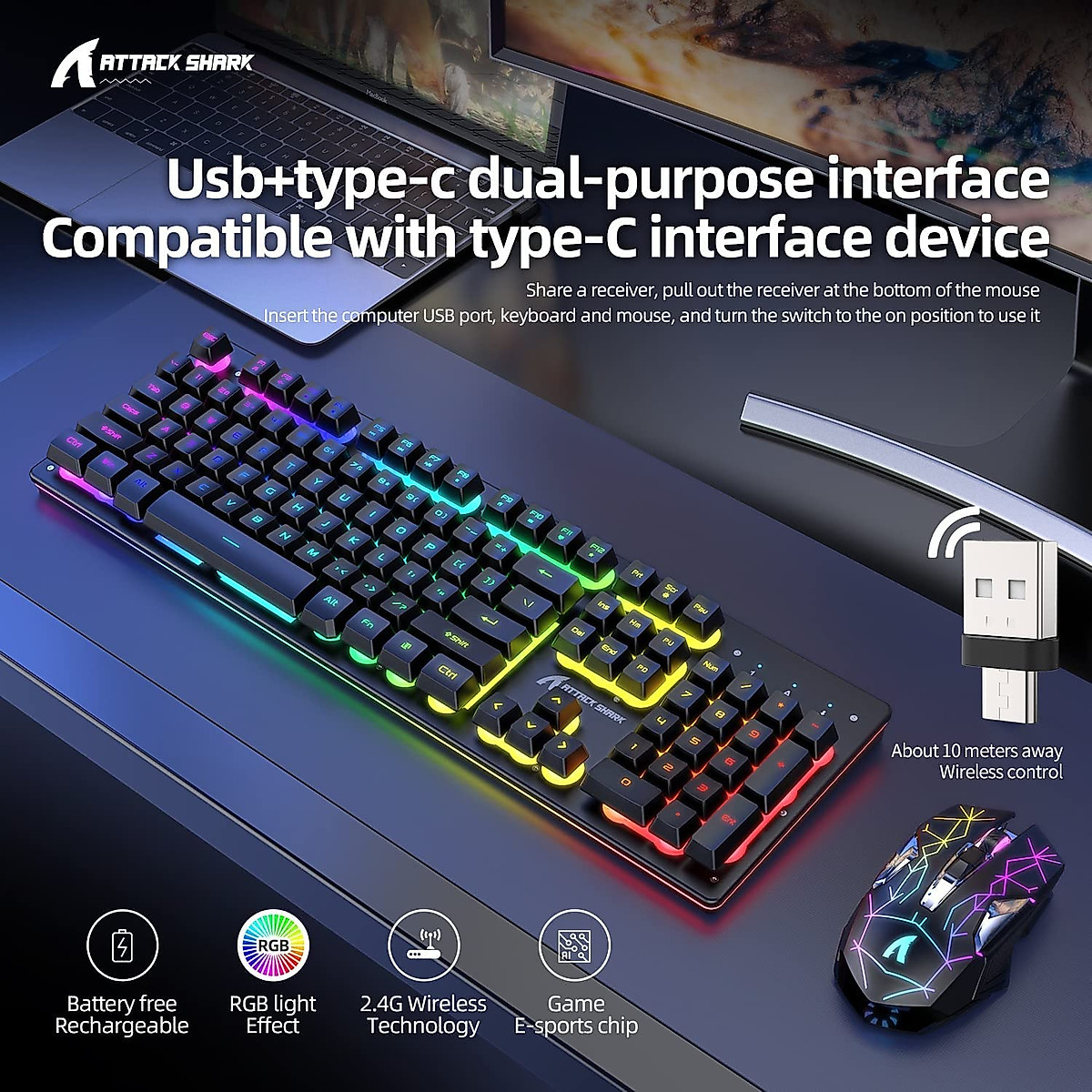 A.jAZZ Wireless Gaming Keyboard and Mouse Combo,Full Size 12 RGB Chroma Backlit Keyboard,Rechargeable 4200mAh Mechanical Feel USB/Type-C Dual Receiver Silent Mice,for PC,Mac,Laptop,PS4,Xbox,Black
