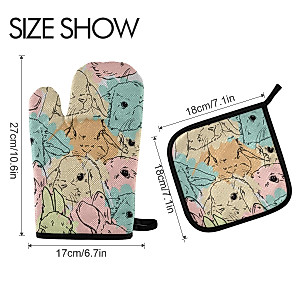 VIKKO Cute Rabbit Sketch Colorful Bunny Oven Mitts and Potholders - Cotton Lining - Machine Washable - Heat Resistant Kitchen Gloves for Women Baking Cooking