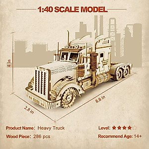 ROKR Model Car Kits Wooden 3D Puzzles Model Building Kits for Adults-Educational Brain Teaser Assembly Model for Adults to Build, Desk Decor/DIY Hobbies/Gifts for Teens&Kids (Heavy Truck/8.9*2.9*4)