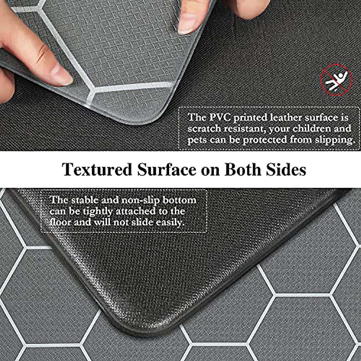 Gray Kitchen Mats for Floor,PVC Cushioned Anti-Fatigue Comfort Mat,2 Piece 0.47in Super Thick Kitchen Rugs【59In】 for Kitchen Sink Office Laundry Room