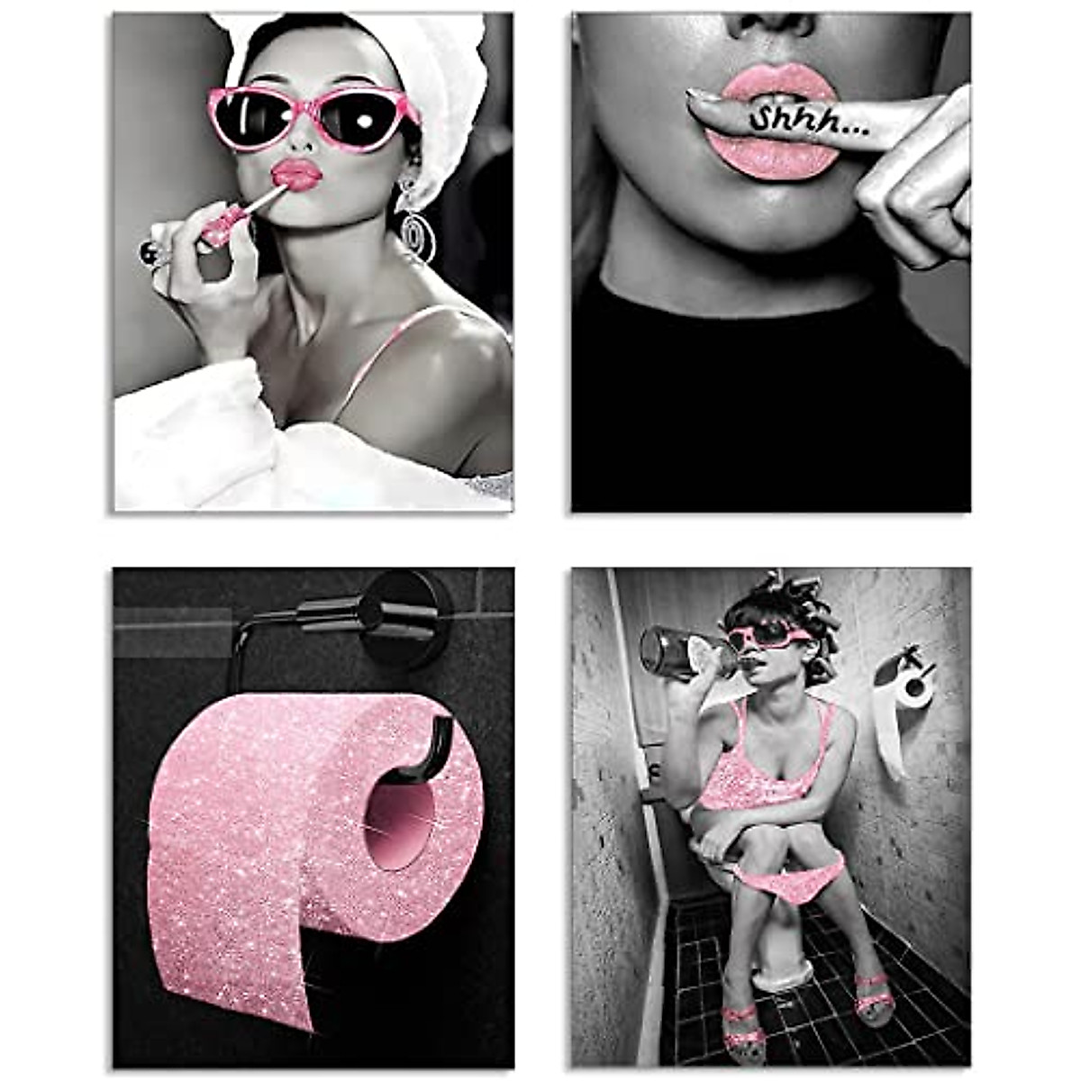 zaixko Bathroom Decor Fashion Women Canvas Prints Pink Wall Decor Black and Pink Pictures for Bathroom Glam Wall Art Canvas Posters Pink Bathroom Decor