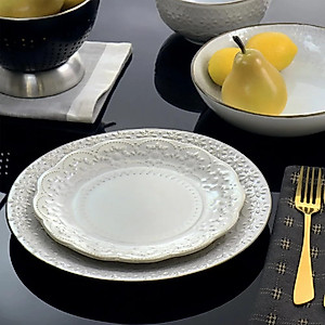 SCTOU Dinner Set 16 Piece Embossed Double Bowl Stoneware Dinnerware Set in Ivory Dish Plates Dinner Sets Plate Tableware