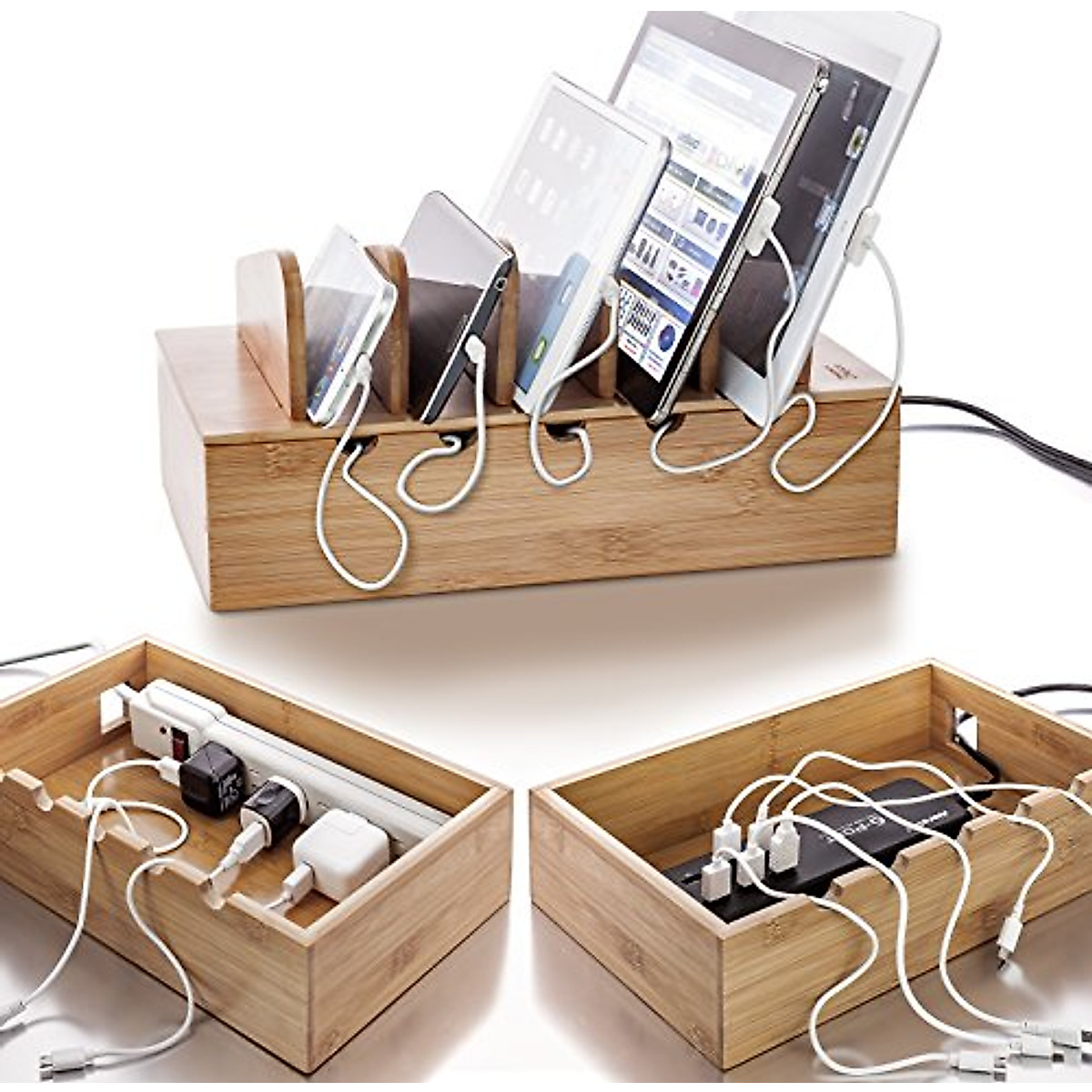 Prosumer's Choice Bamboo Cell Phone Charging Stations | Charging Stand for Mobiles, Tablets, Smartphones, iPads | Desk Organizer| Docking Station | Desk/Floor Cord Cover | Cell Phone Accessories