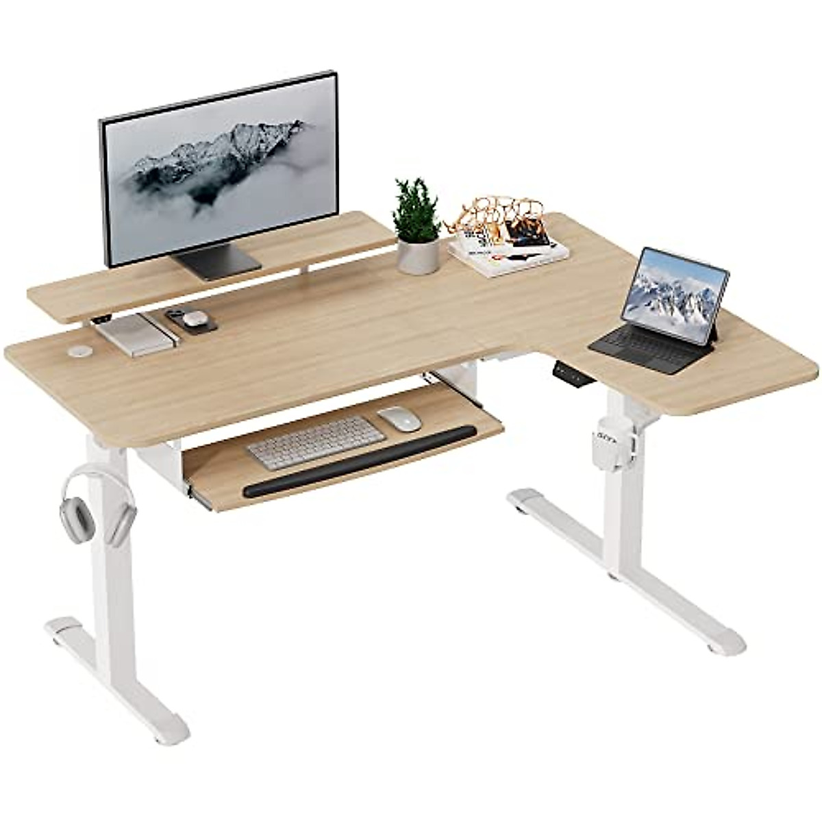 EUREKA ERGONOMIC L Shaped Standing Desk with Keyboard Tray, 61" Electric Height Adjustable Computer Desk with Monitor Stand & LED Strips, Dual Motor Sit Stand Up Corner Gaming Desk, Right/Maple