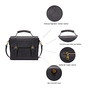 Vintage Leather Messenger Bag For Women Top Handle Shoulder Handbags Fit A4 Paper (Black)