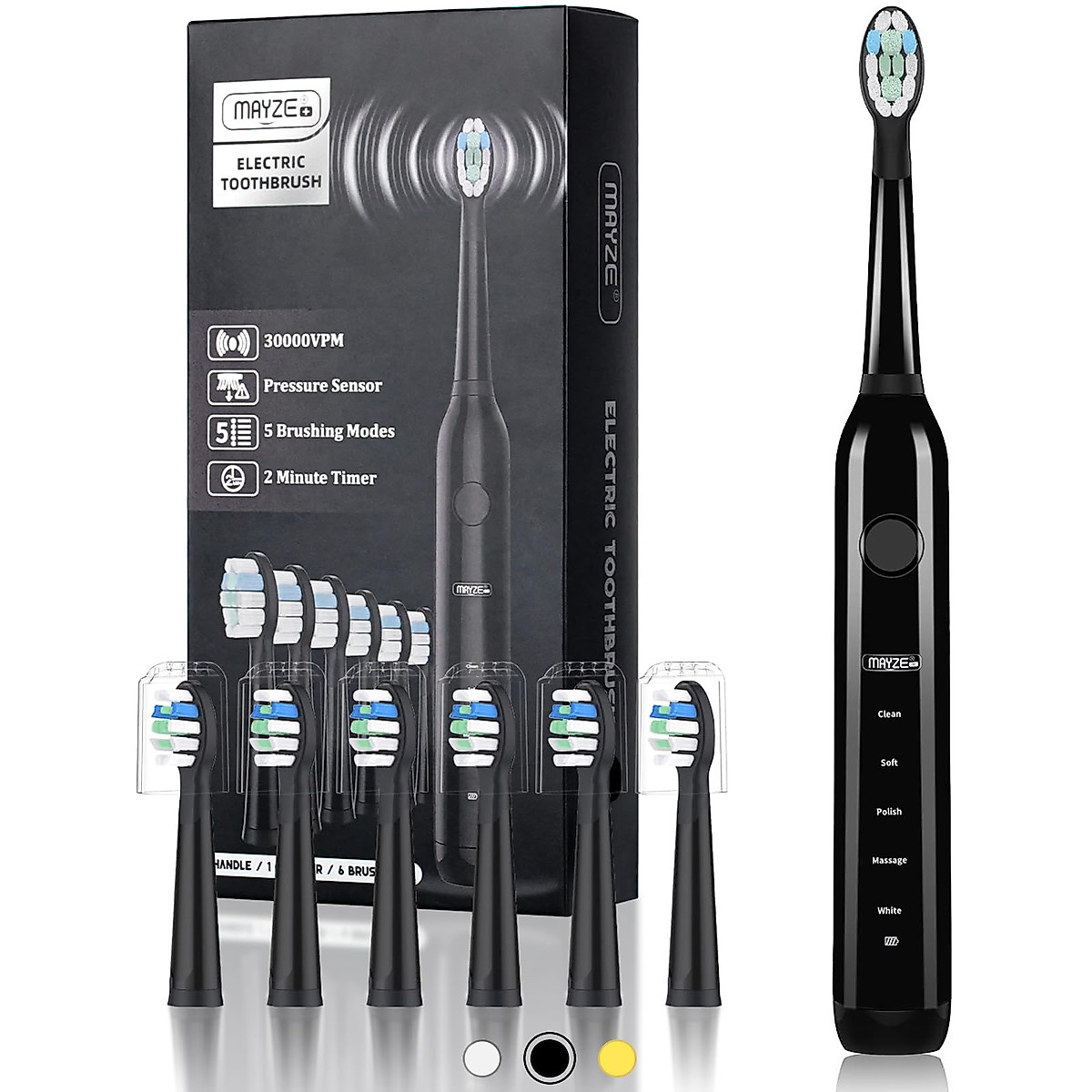 Electric Toothbrush Sonicare with 6 Brush Heads, Toothbrush for Adults and Kids, 30000 VPM, Deep Clean 5 Modes with 2 Minutes Timer, Tongue Coating Brush, One Charge for 70 Days (009 Black)