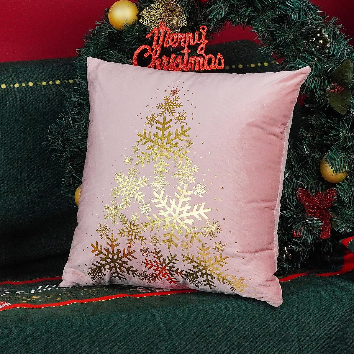 ONWAY Pink Gold Christmas Decorations Throw Pillow Covers 18x18 Set of 4 Snowflakes Reindeer Decorative Cushion Cases Xmas Golden Decor for Couch Sofa Bedroom