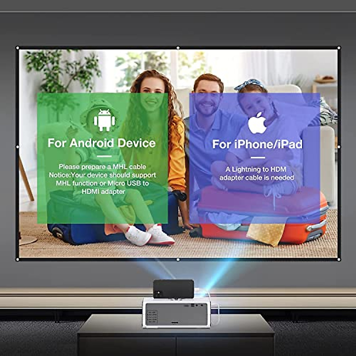 Mini Projectorwith 100" Screen, HOMPOW Portable Projector, Native 720P Outdoor Movie Projector 7500Lux, Home Theater Projector Compatible with HDMI VGA USB TF AV for Home