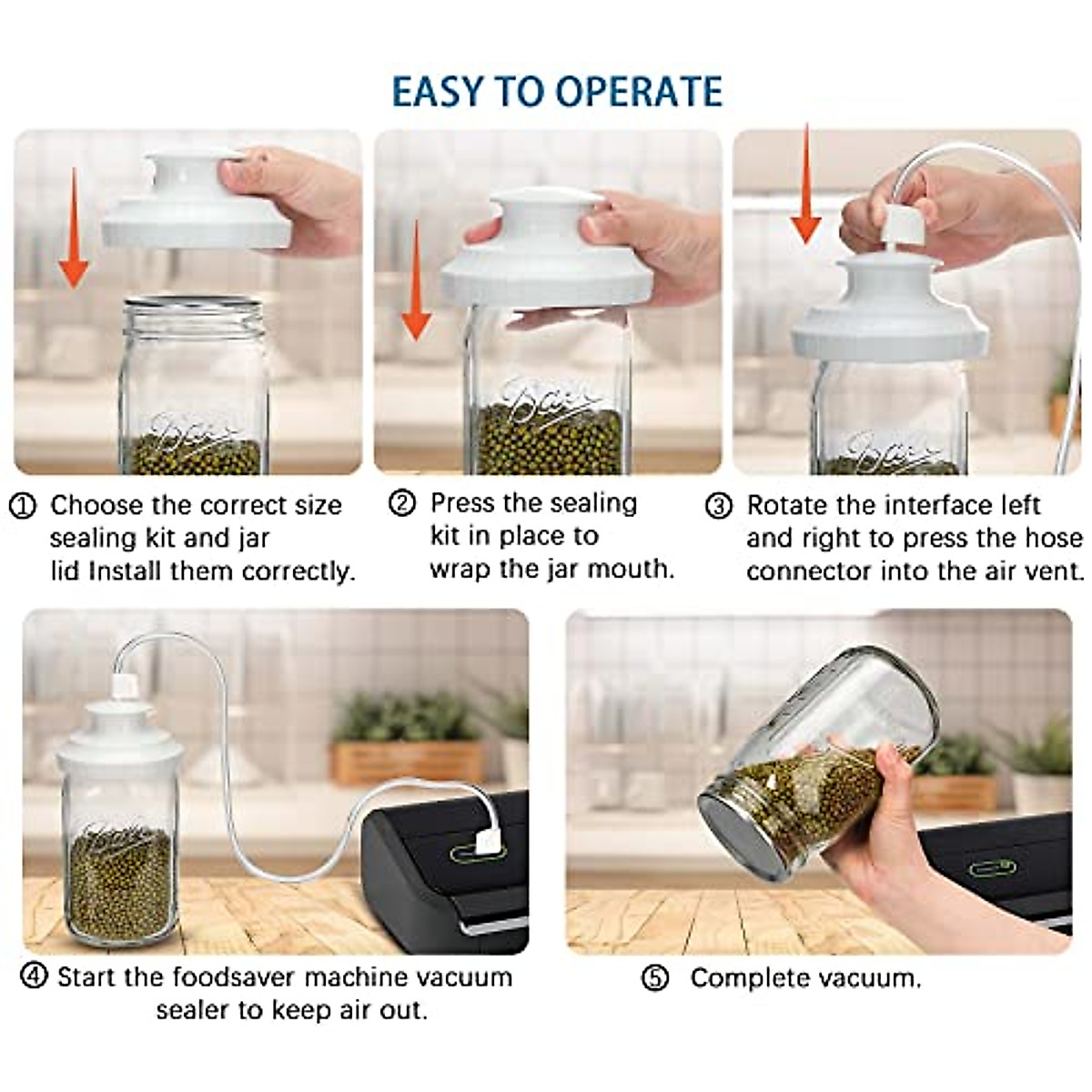 Mason Jar Vacuum Sealer Kit for Foodsaver, Food Saver Jar Sealer Attachment, Food Storage Vacuum Sealer Kit with Accessories Hose for Wide & Regular Mouth Mason Jar