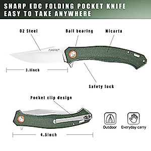 Tunafire Folding Pocket Knife, Utility Pocket Knives for Men with D2 Blade Micarta Handle, EDC Tactical Knife with Clip for Outdoor Survival Hunting (Army Green)