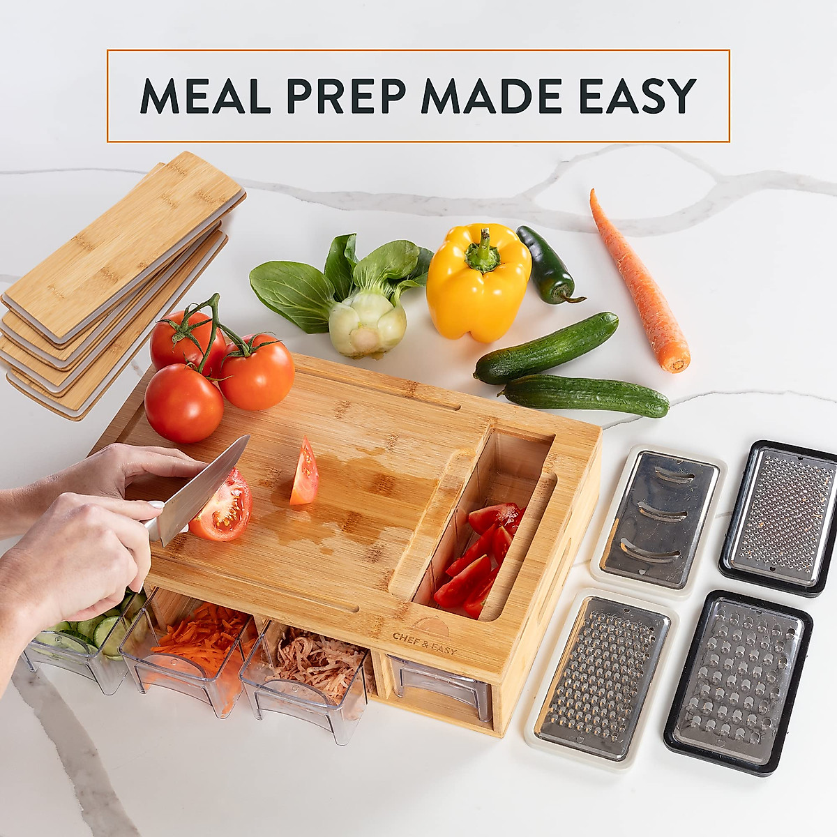 Chopping Board with Storage and Food Prep Station - Meal Prep Station, Bamboo Cutting Board with Juice Grooves, Four Containers & Assorted Graters