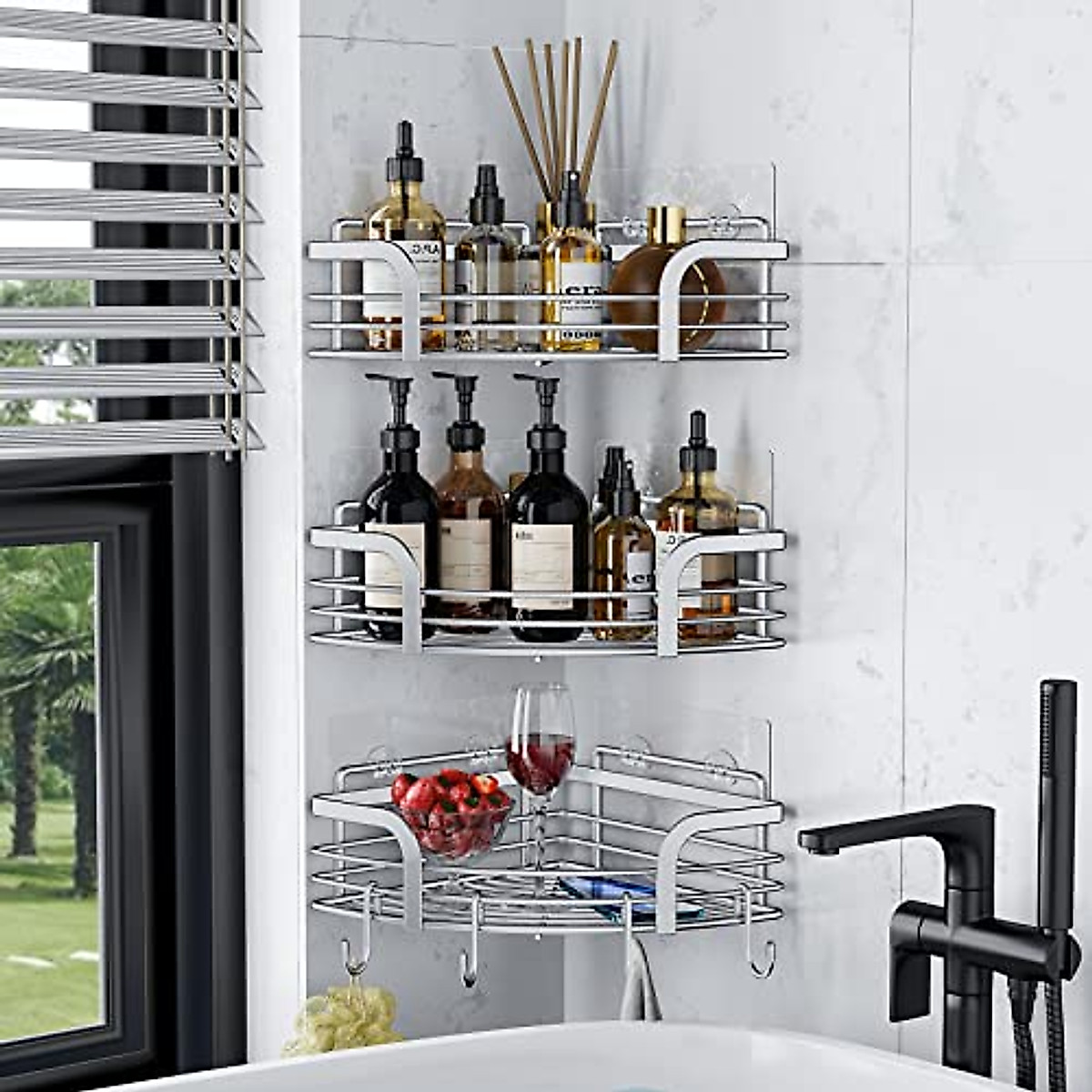 3 Pack Corner Shower Caddy: Adhesive Stainless Steel No-drilling Bathroom Organizer for 90° Corners- Installed in Minutes, Heavy Duty Shower Shelves for Storage- 6 Metal Hooks with Caps, 8 Adhesives