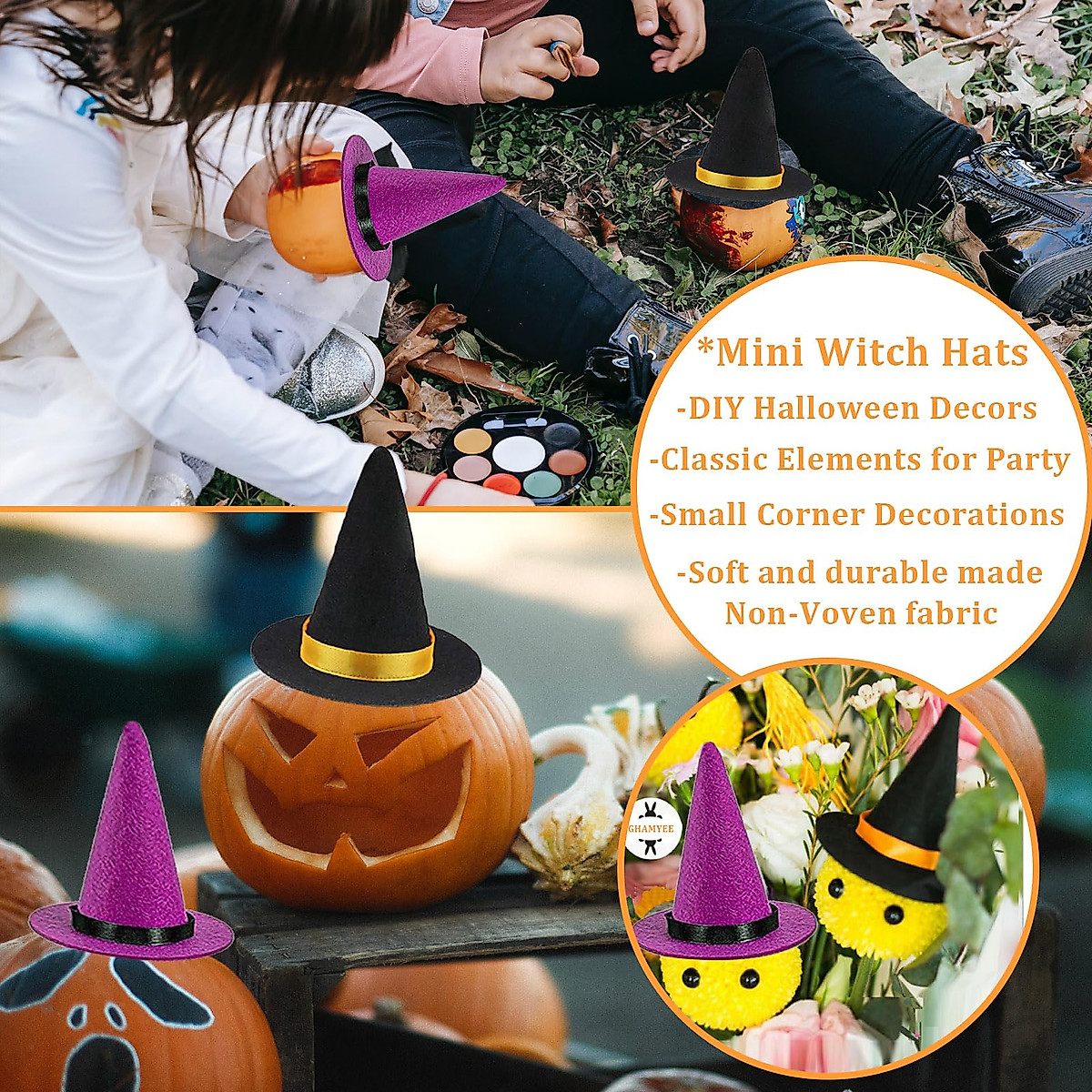 GHAMYEE 26pcs Mini Witch Hat Mini Cauldrons Witches Brooms Cauldron Halloween Decor Mini Witches Hat for Crafts Party Favors for Table Wine Bottle Dollhouse Accessory Miniatures Halloween Candy Craft