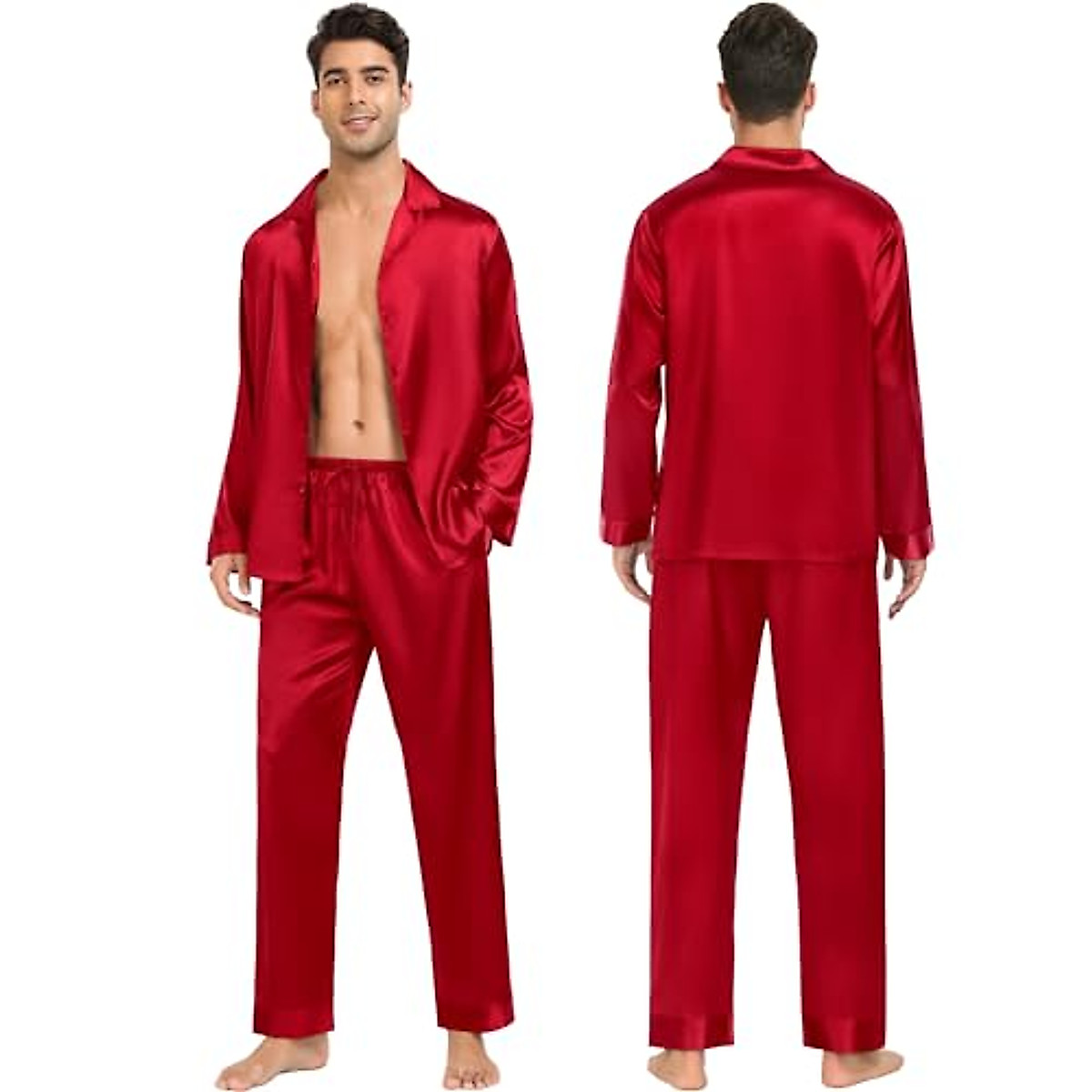 SWOMOG Couples Matching Pajamas Sets Silk Satin Long Sleeve Sleepwear Button Down Loungewear Pjs Set with Long Pants Red