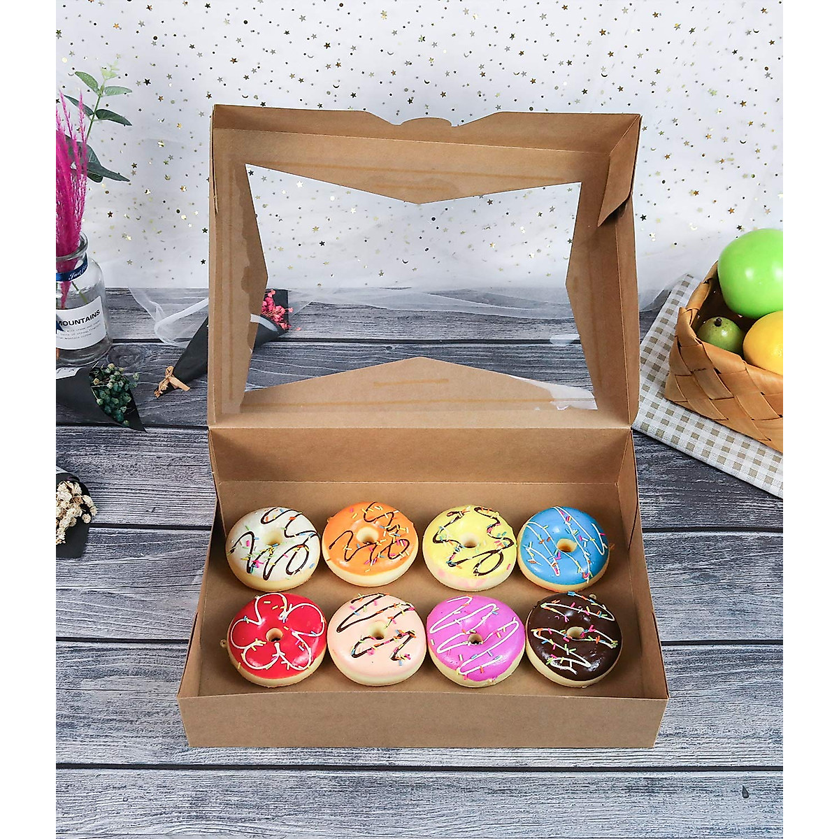 ONE MORE [15-Pack] 14 x10 x 3inch Brown Paperboard Lock Corner Window Bakery Cookie Boxes, Large Container with PVC Windows for Pie and Cookie Box
