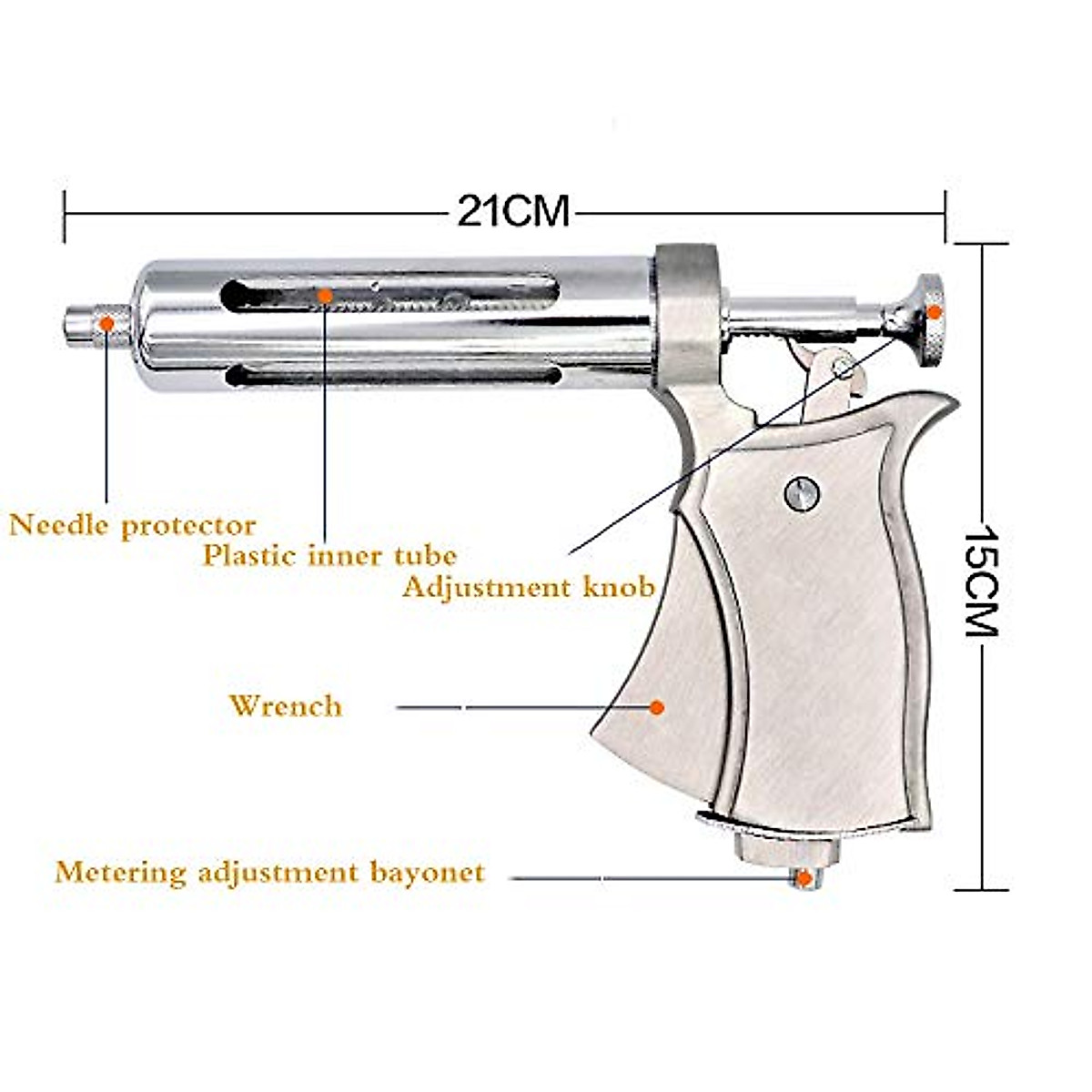 BZZBZZ Animals Injector 50ml Continuous Livestock Syringe Semi Automatic Stainless Steel Vaccination Gun Adjustable for Horse Sheep Cattle Pig Farm Equipments