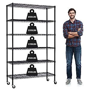 Storage Shelves 6-Tier Wire Shelving Unit Garage Shelving with Wheels 2100LBS Capacity,18" D x 48" W x 78" H Metal Shelves Storage Rack Heavy Duty Shelving for Garage Kitchen Pantry,Black