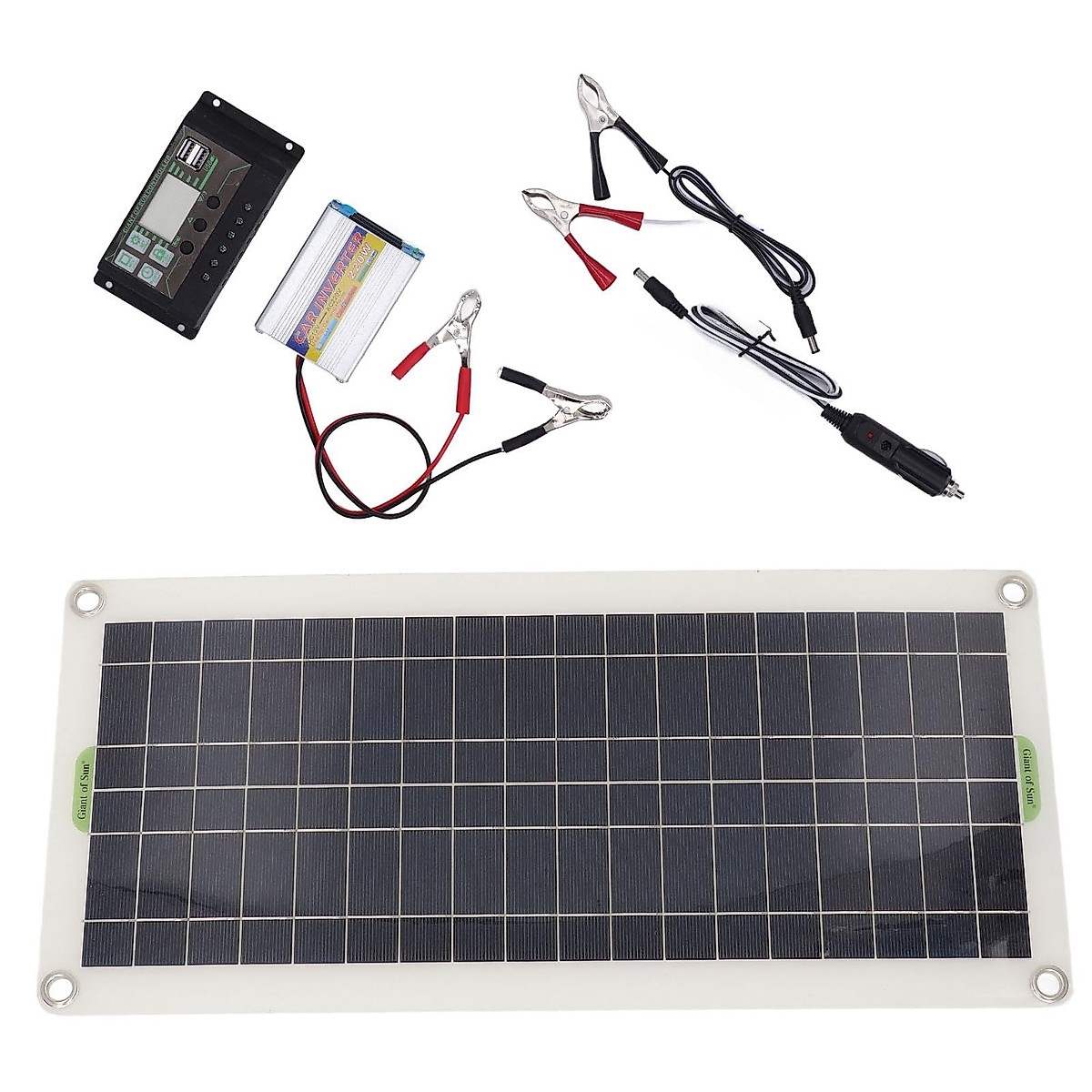 Solar Panel, 12V 30W Portable Solar Panel Kit with 220W Inverter Controller Polysilicon High Efficiency 2 USB Port for RV Boat Car