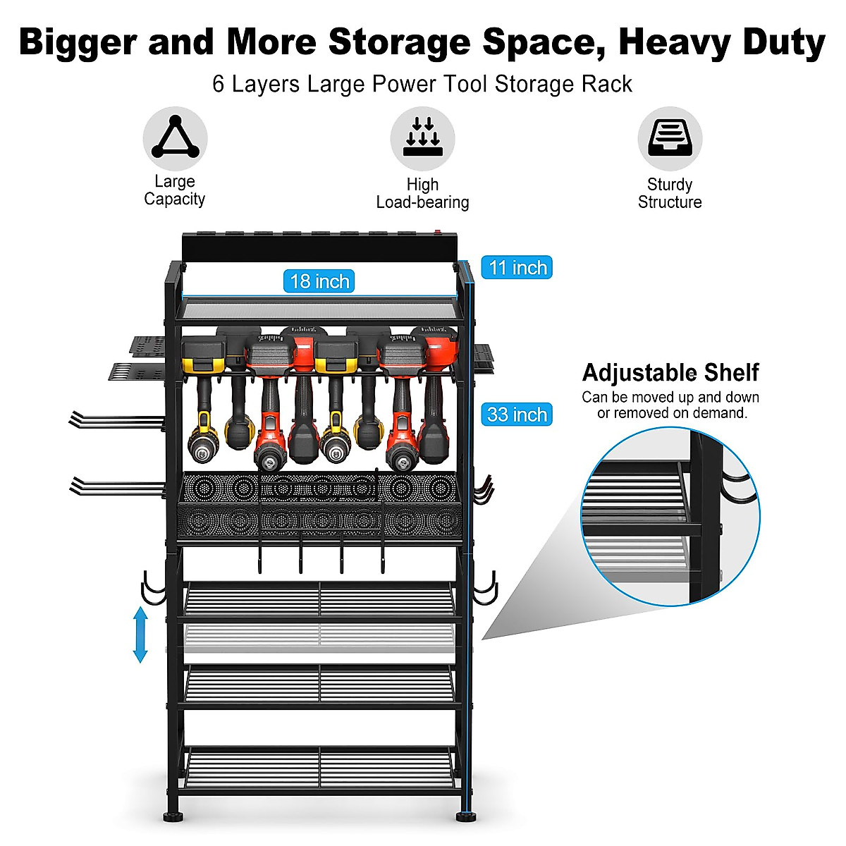 JUNNUJ Power Tool Organizer Floor Stand with Charging Station, Garage Adjustable Storage Rack Utility Tool Shelf with 8 Outlet Power Strip, Heavy Duty Drill and Battery Holder, Black