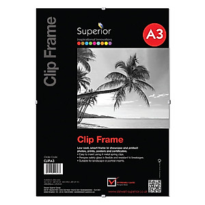 SECO, CLIPA3 - Clip Frame for Pictures and Posters, Landscape Or Portrait Format, Perspex Safety Glass A3 Size