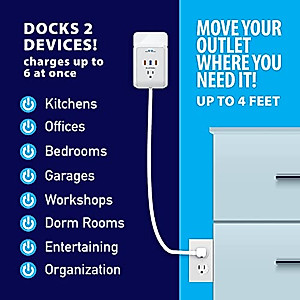 Bell + Howell Power Pro Outlet Extender, Wall Outlet Plug Extender, 4 Foot Extension Cord Surge Protector, 6 Total Ports 3 Plugs & 3 USB Charging Ports, 3 Prong Outlet Splitter, Multi Outlet Wall Plug