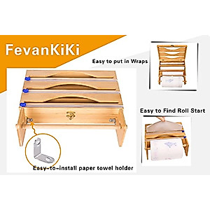 FevanKiKi Hangable Foil and Plastic Wrap Organizer with Cutter,4in1 Plastic Wrap,Aluminum Foil,Wax Paper,Parchment Dispenser and Paper Towel Wall-Mount Roll Holder for Kitchen Drawer and Wall Storage